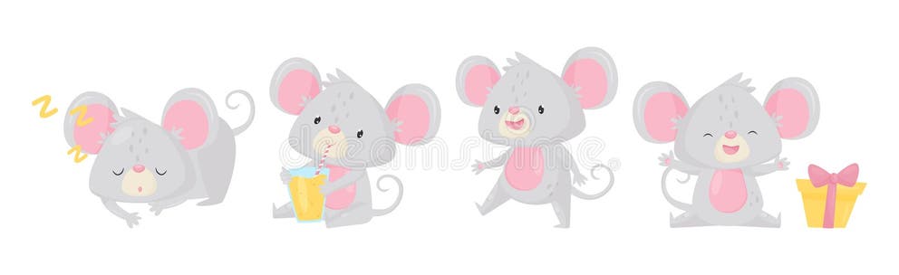 Grey Mouse Character with Huge Ears Engaged in Different Activity ...