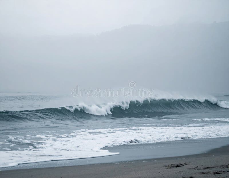 Grey Ocean Wave Crashing on Sandy Beach in Fog Stock Illustration ...