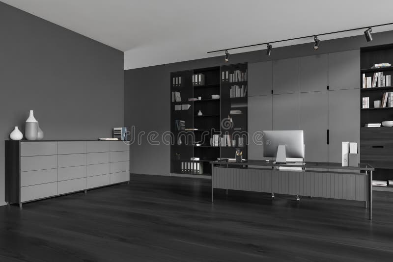 Grey Office Interior with Drawer and Workspace, Cabinet with Decor ...