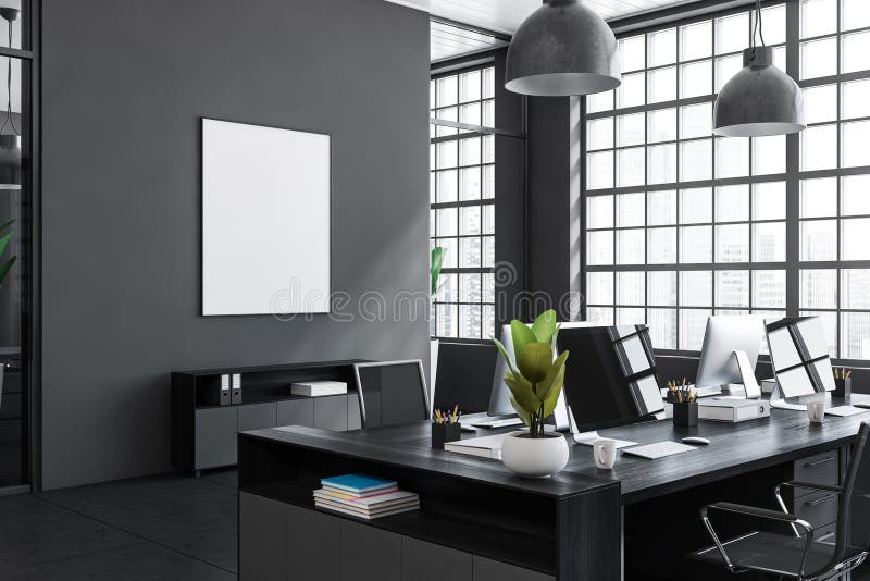Grey Office Interior with Pc Computer, Panoramic Window. Mockup Frame ...