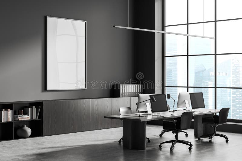 Grey Office Interior with Pc Computers and Panoramic Window. Mockup ...