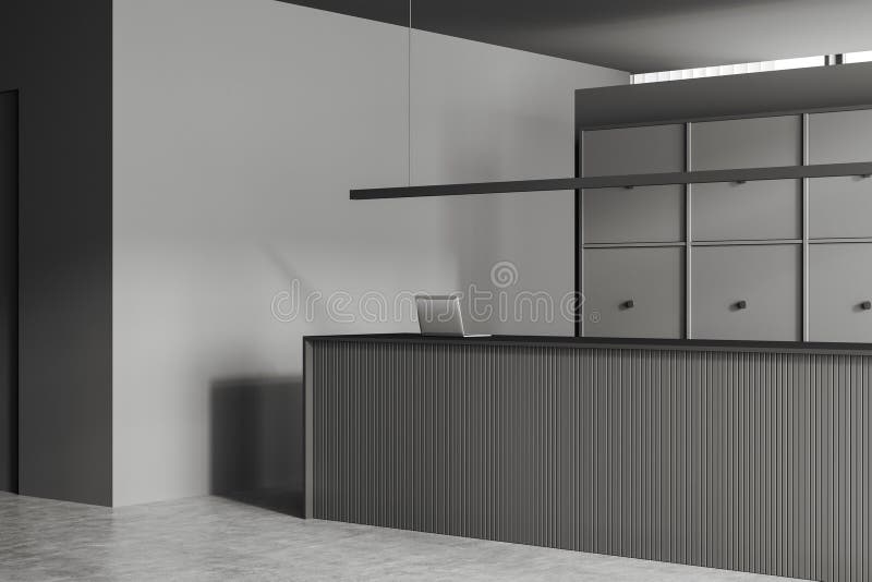 Grey Office Interior Reception Desk and Cupboard Storage. Mockup Wall ...