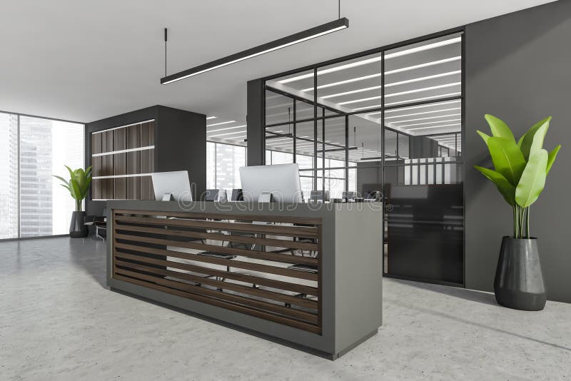 Grey Office Reception Area with Wood Panel Front Desk. Corner View ...