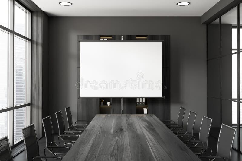 Grey Office Room with Board and Seats, Panoramic Window. Mockup ...