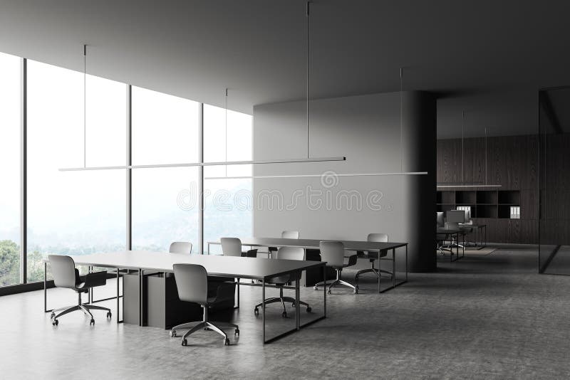 Grey Office Room Interior with Chairs and Table, Coworking Zone and ...