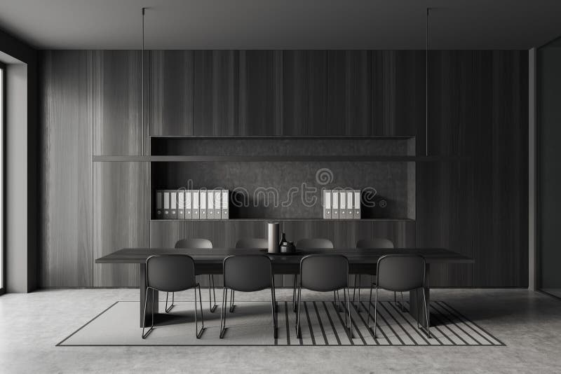 Grey Office Room Interior with Chairs, Table and Shelf with Documents ...