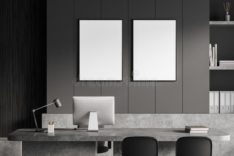 Grey Office Room Interior with Desk, Shelf and Pc Computer. Mockup ...