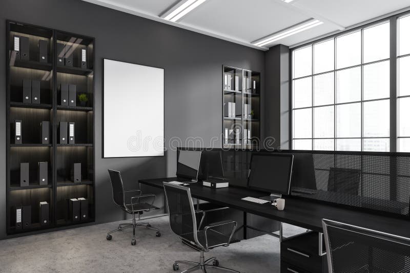 Grey Office Workplace Interior with Pc Computer, Panoramic Window ...