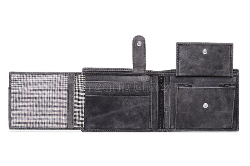 Grey open, leather wallet stock photo. Image of background - 93611680
