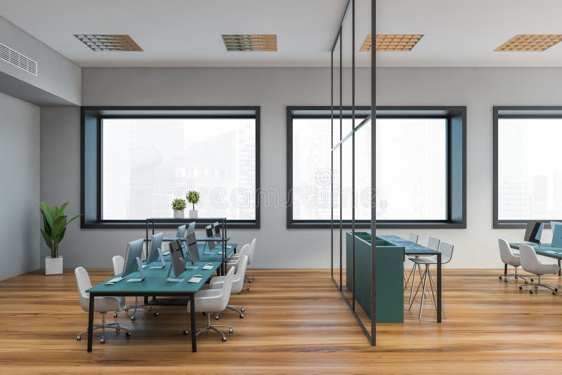 Grey Open Space Office with Blue Tables, Side View Stock Illustration ...