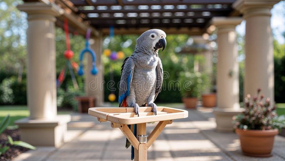 Grey Parrot Standing on Play Stand Under Covered Pergola Stock ...