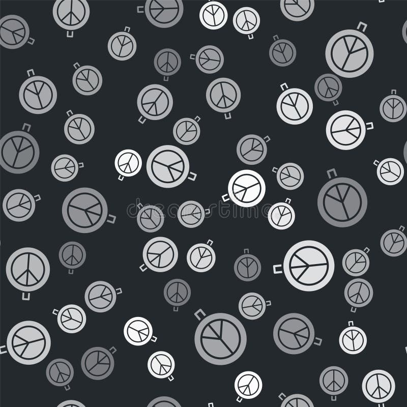 Grey Peace Icon Isolated Seamless Pattern on Black Background. Hippie ...