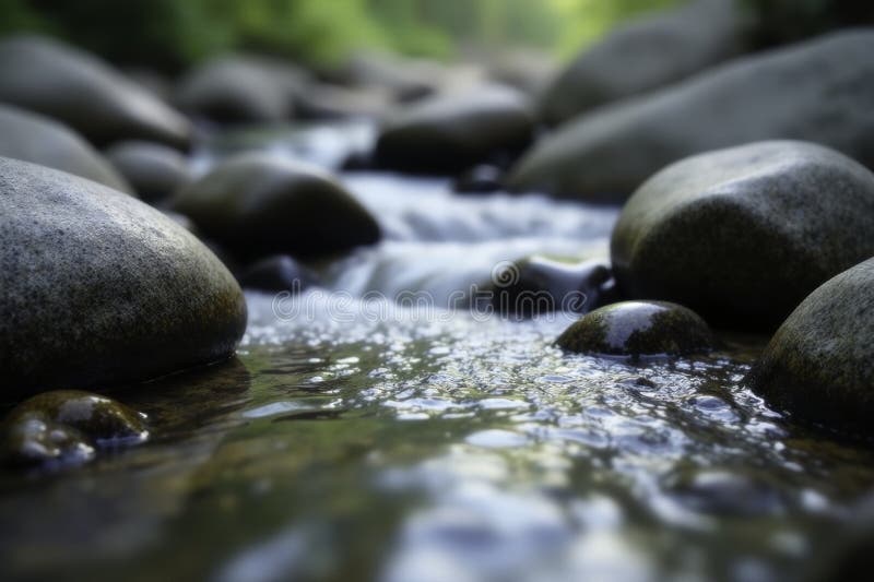 Grey Pebbles in a Small Stream with Water Flowing Over Smooth Rocks ...
