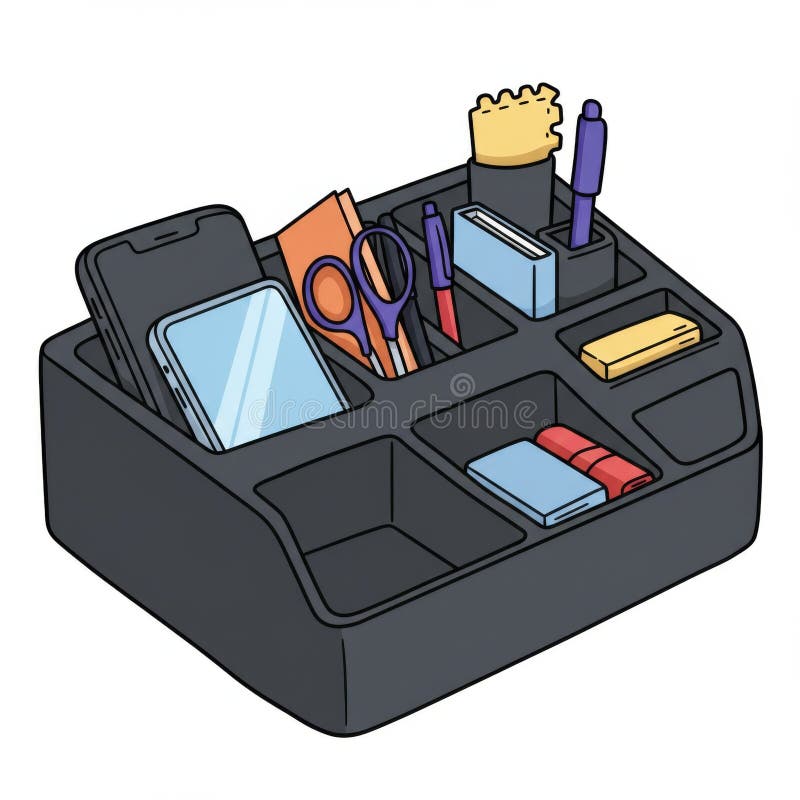 Grey Plastic Desktop Organizer with Office Supplies Stock Illustration ...