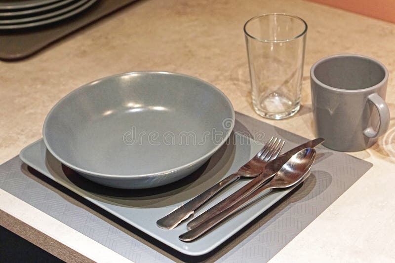 Grey plate table setup stock photo. Image of setup, plate - 352660850
