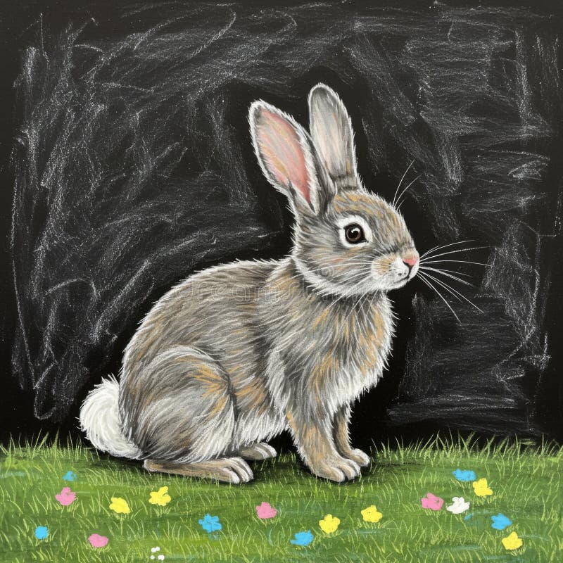 Grey Rabbit in Chalk Art Style on Black Background Stock Illustration ...