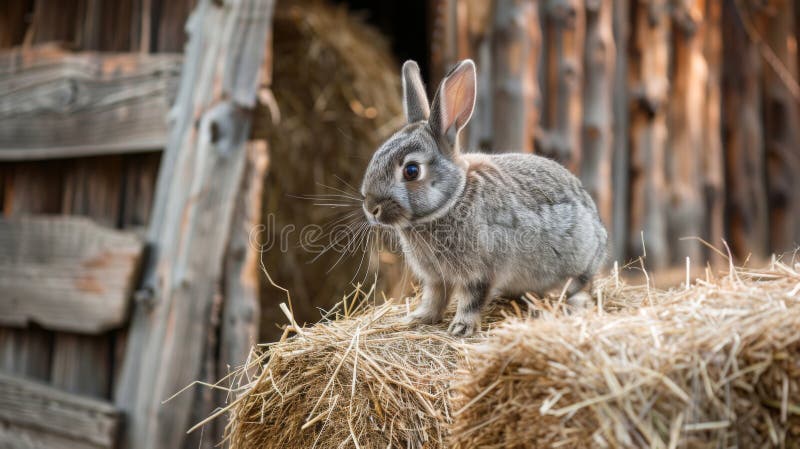 Grey Rabbit on Hay Bale stock photo. Image of straw - 321052818