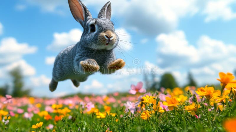 Grey Rabbit Leaping through Vibrant Flower Field Stock Illustration ...
