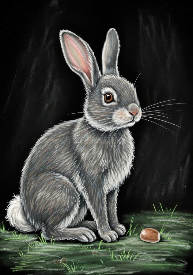 Grey Rabbit Sitting on Dark Background Chalk Drawing Stock Illustration ...