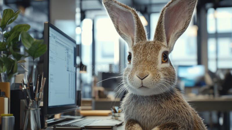 Grey Rabbit Sitting at Modern Office Desk Stock Illustration ...