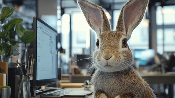 Grey Rabbit Sitting at Modern Office Desk Stock Illustration ...