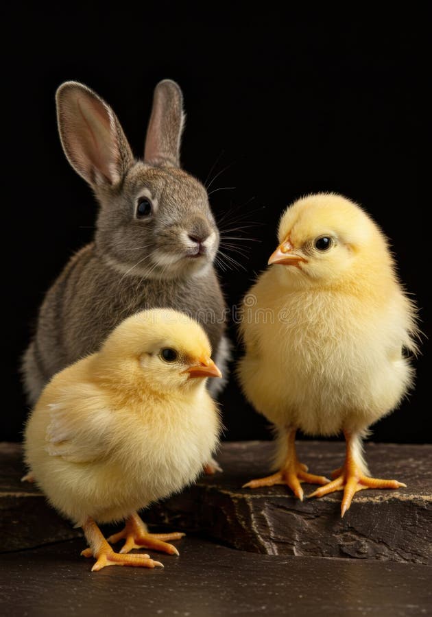 Grey Rabbit and Two Fluffy Yellow Chicks on Dark Background Stock ...