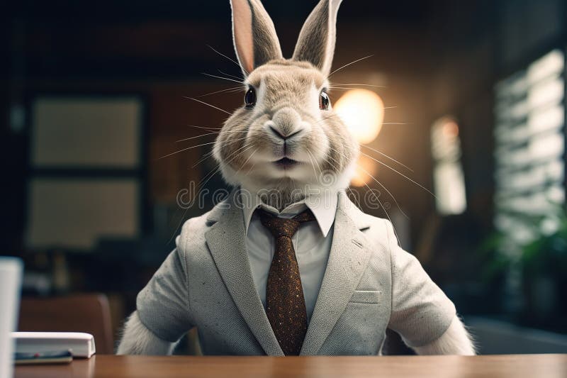 Grey Rabbit Wearing Suit Sitting in Workplace with Angry Expression ...