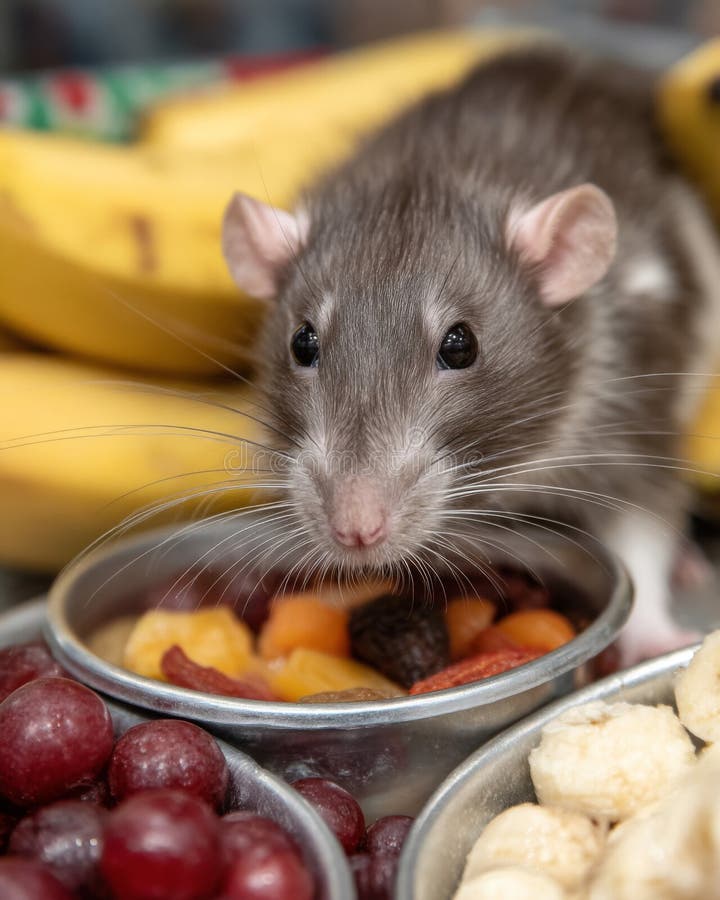Grey Rat Eating Fruit from Metal Bowl Stock Illustration - Illustration ...