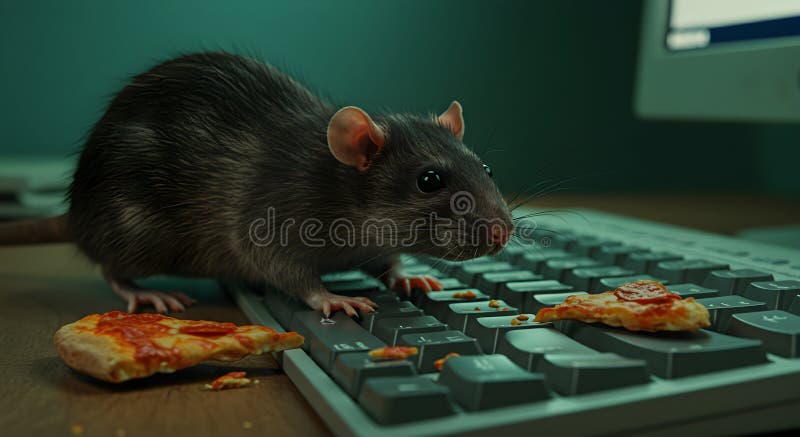 Grey Rat Eating Pizza on Computer Keyboard, Problem Concept Stock ...