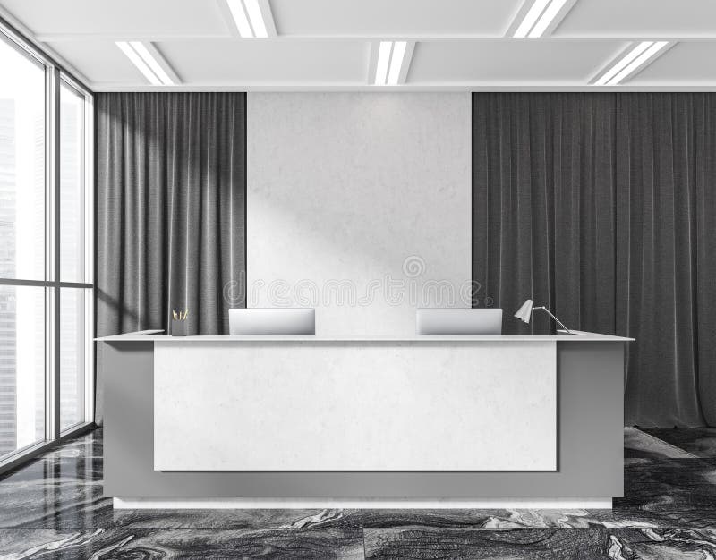 Grey Reception Interior Desk with Two Computers and Mockup Wall Stock ...
