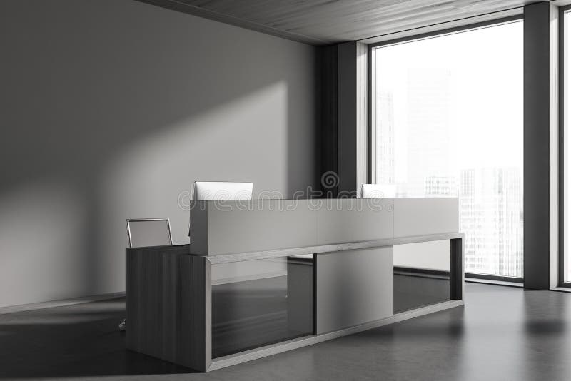 Grey Reception Interior Desk with Two Computers and Panoramic Window ...