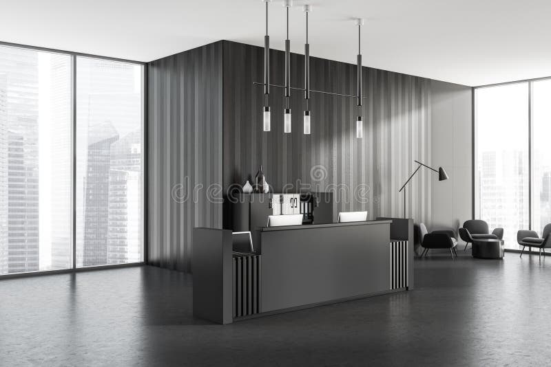 Grey Reception Interior Office Desk and Waiting Corner, Panoramic ...