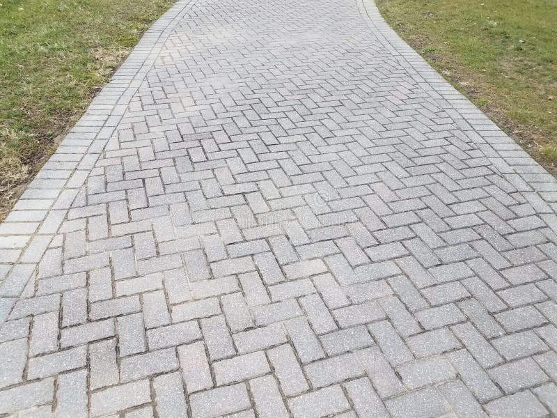 Grey Rectangle Brick Path and Green Grass Stock Photo - Image of grey ...