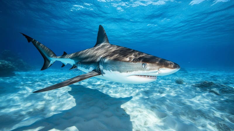 Grey Reef Shark Swimming in Blue Ocean Water Stock Illustration ...