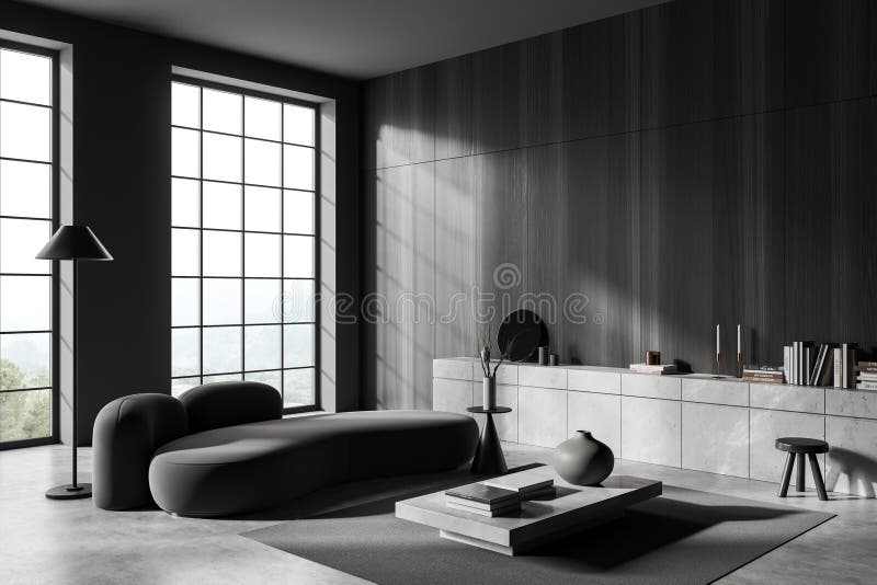 Grey Relaxing Interior with Seats and Shelf with Decoration, Mockup ...