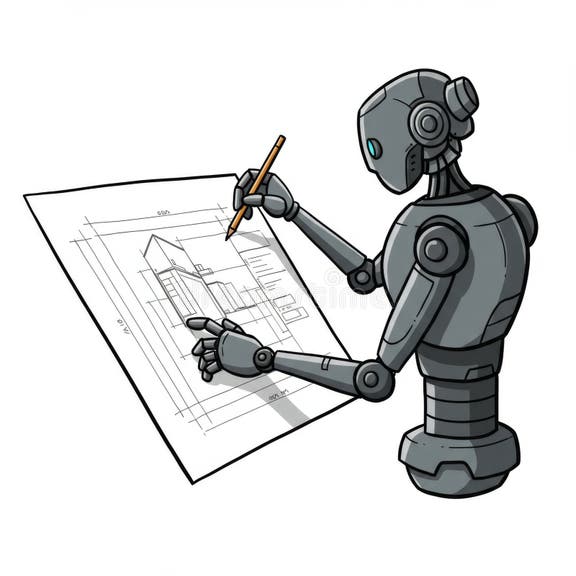 Grey Robot Drawing Architectural Blueprint Stock Illustration ...