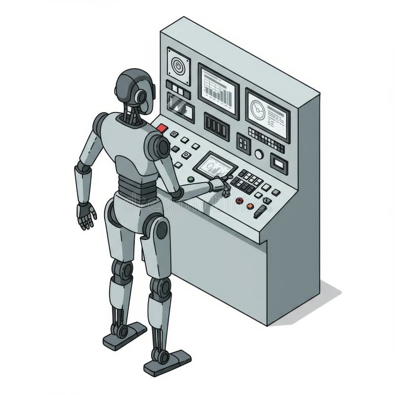 Grey Robot Operating a Complex Control Panel Stock Illustration ...
