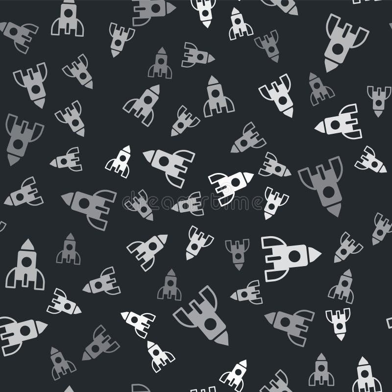 Grey Rocket Ship Toy Icon Isolated Seamless Pattern on Black Background ...