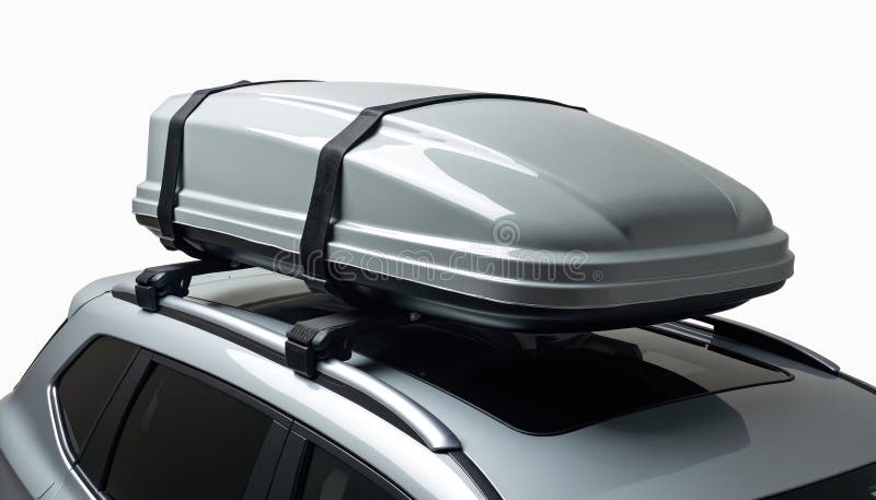 Grey Rooftop Cargo Carrier Securely Attached To Silver Car Roof Rack ...