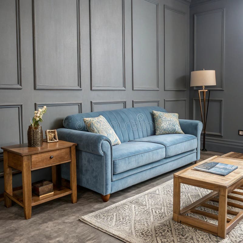 Grey Room with Blue Couch, Bench, and Side Table Stock Photo - Image of ...