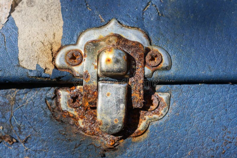 Grey Rusty Iron Latch on a Blue Leather Old Worn Box Stock Image ...