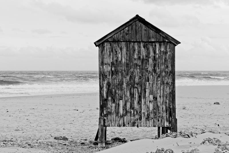 Grey Scale Shot of a Wooden Cottage on the Beach by the Wavy Ocean ...