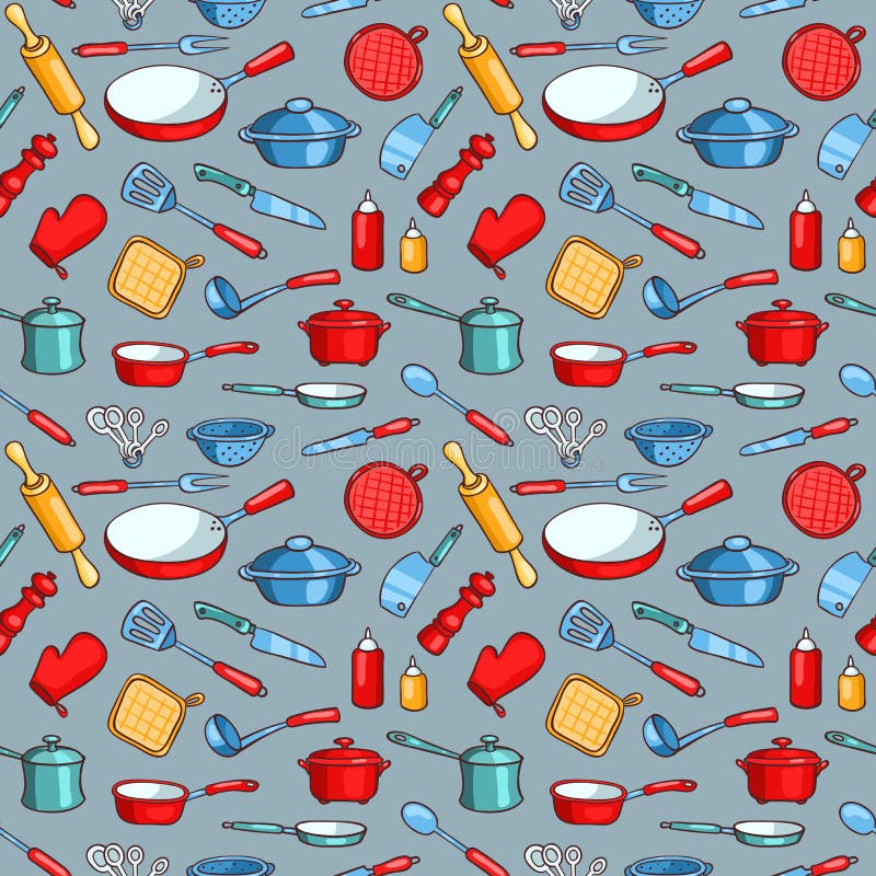 Grey Seamless Pattern Cartoon Kitchen Ware Stock Illustrations – 4 Grey ...