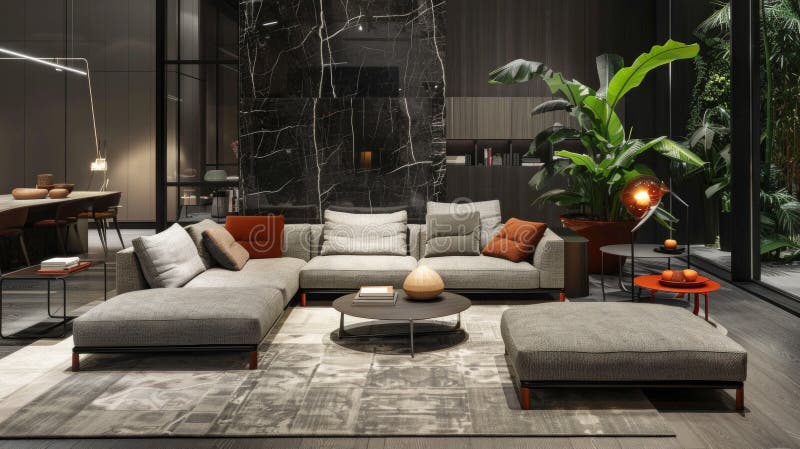 Modern Sectional Sofa with Grey Cushions in a Spacious Interior Design ...
