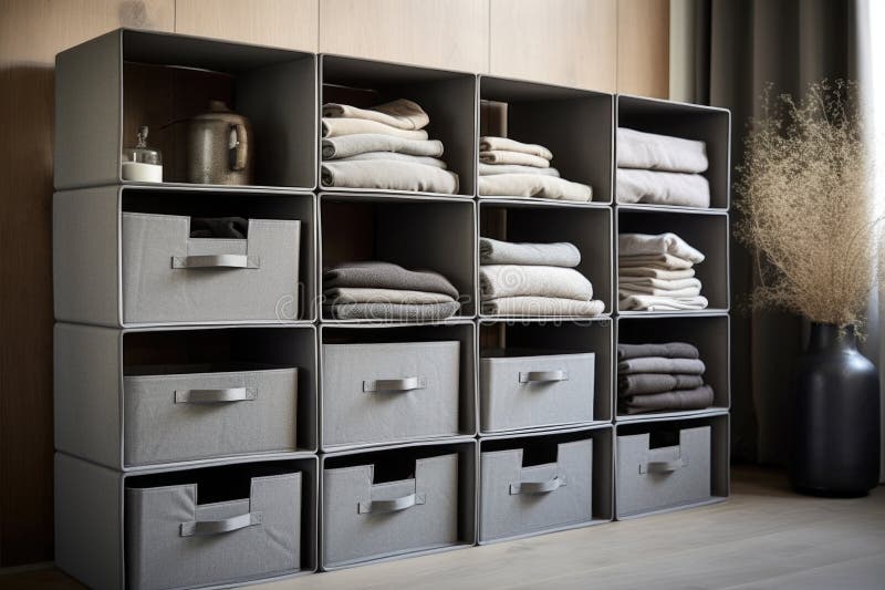 Grey Shelving Unit with Various White Baskets of Different Sizes for ...