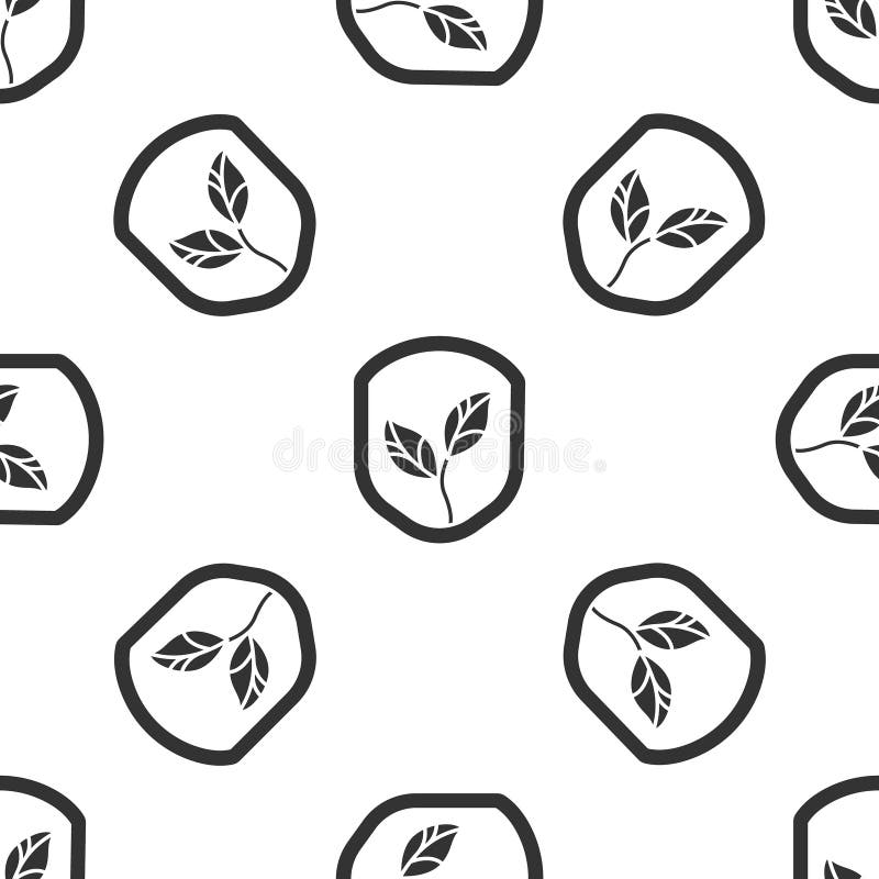 Grey Shield with Leaf Icon Isolated Seamless Pattern on White ...