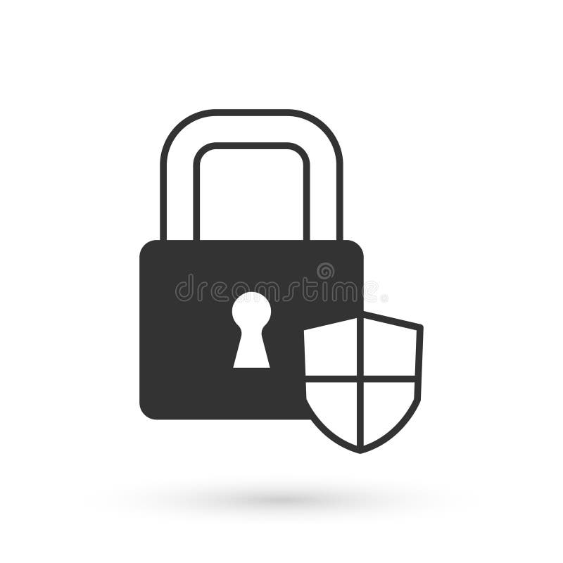 Grey Shield Security with Lock Icon Isolated on White Background ...