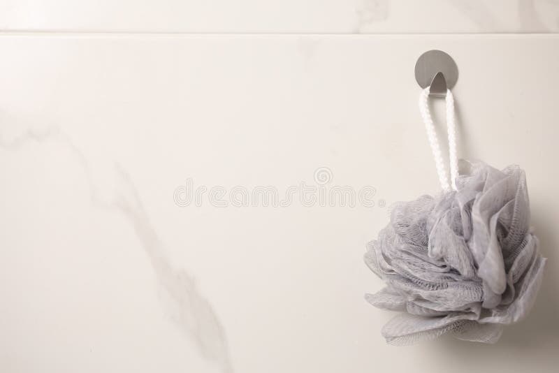 Grey Shower Puff Hanging in Bathroom, Space for Text Stock Image ...
