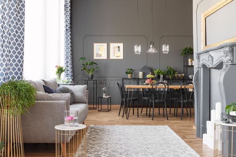 Grey Sofa and Posters on the Wall in Modern Open Space Interior Stock ...