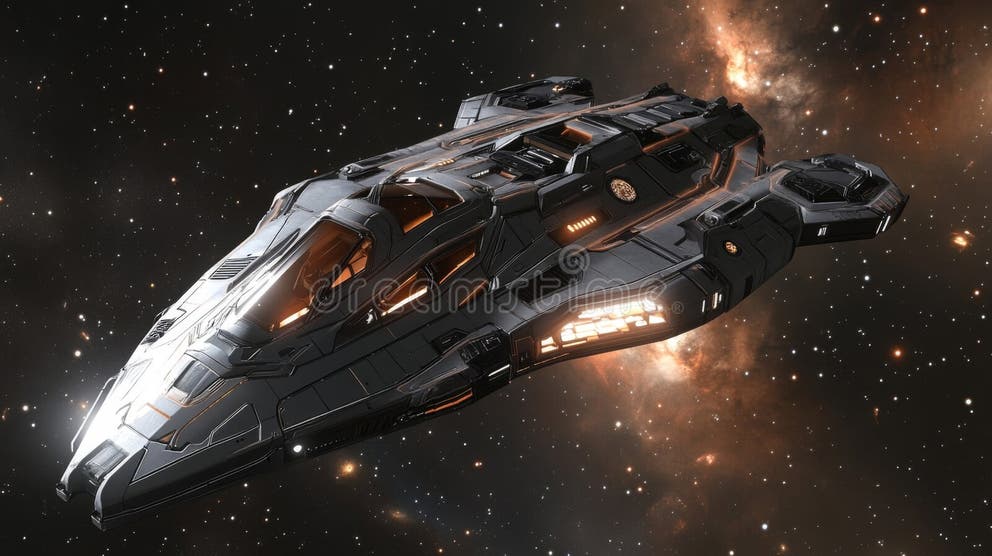 Grey Spaceship in Nebula Space: 3D Render Stock Illustration ...